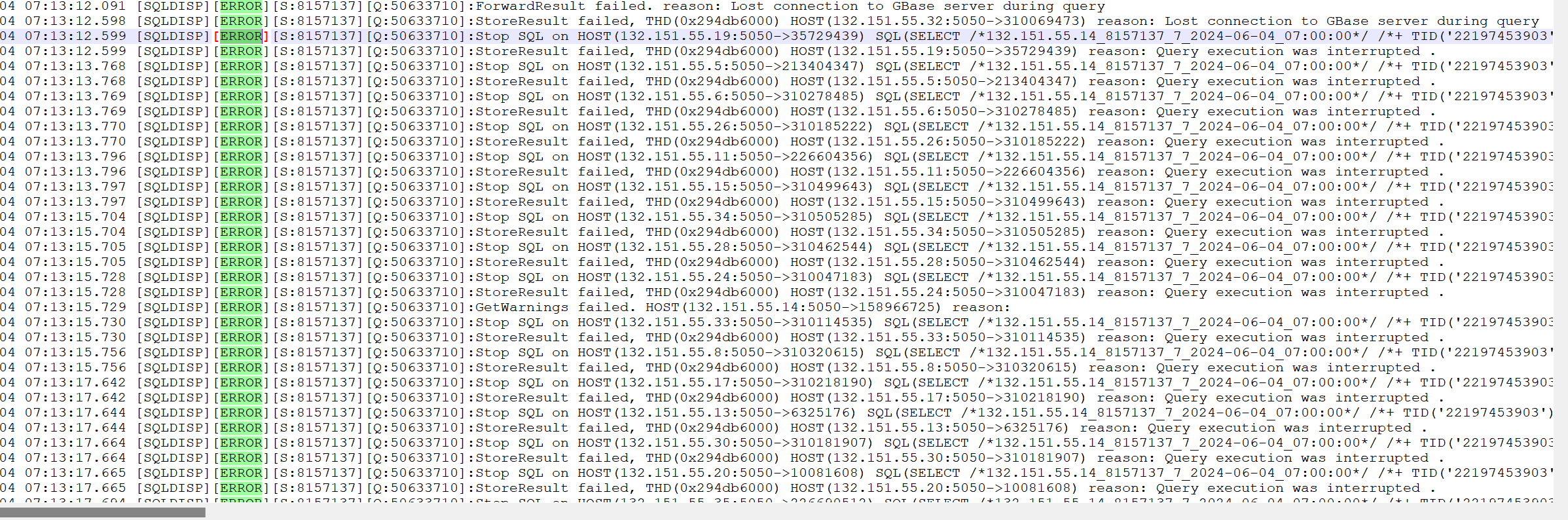 gbase8a应用不断断开，报错显示(GBA-02AD-0005)Failed to query in gnode: DETAIL: Lost connection to GBase ...